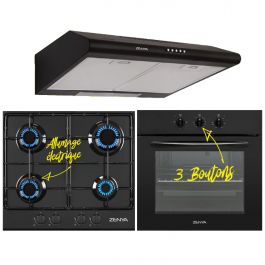 TRIO ZENYA NOIR: PLAQUE 60CM À 4 FEUX+FOUR ELECTRIQUE 3BOUTONS+HOTTE ...